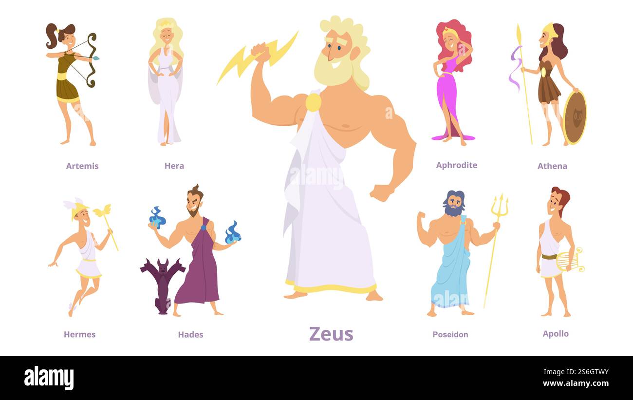 Greek gods. Ancient religion, greece history. Zeus, athena, poseidon character. Isolated cartoon ...