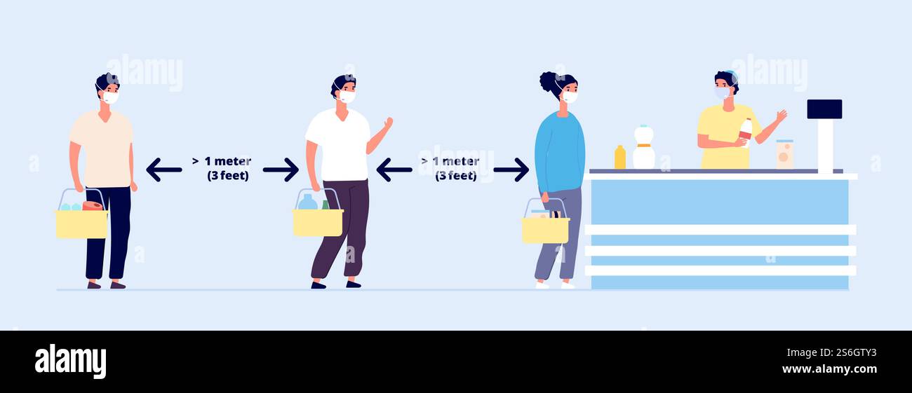 Safe distance. Social precautions, queue people group in protective masks. Prevent risk ...