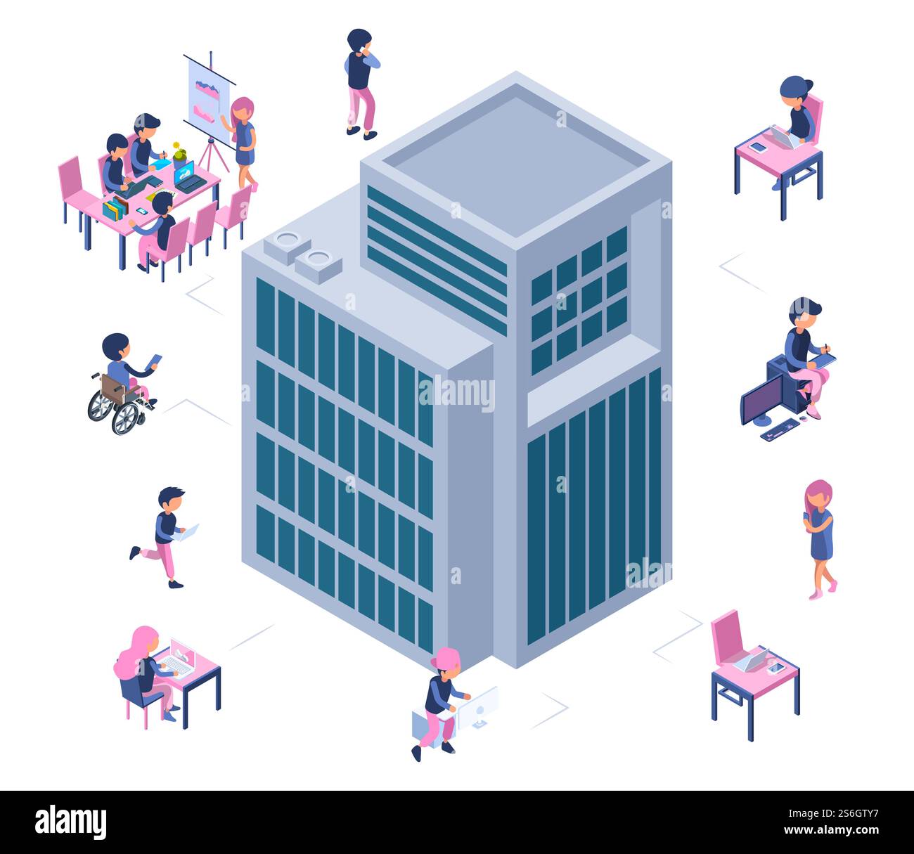 Modern business office. Isometric building and business people. Vector ...
