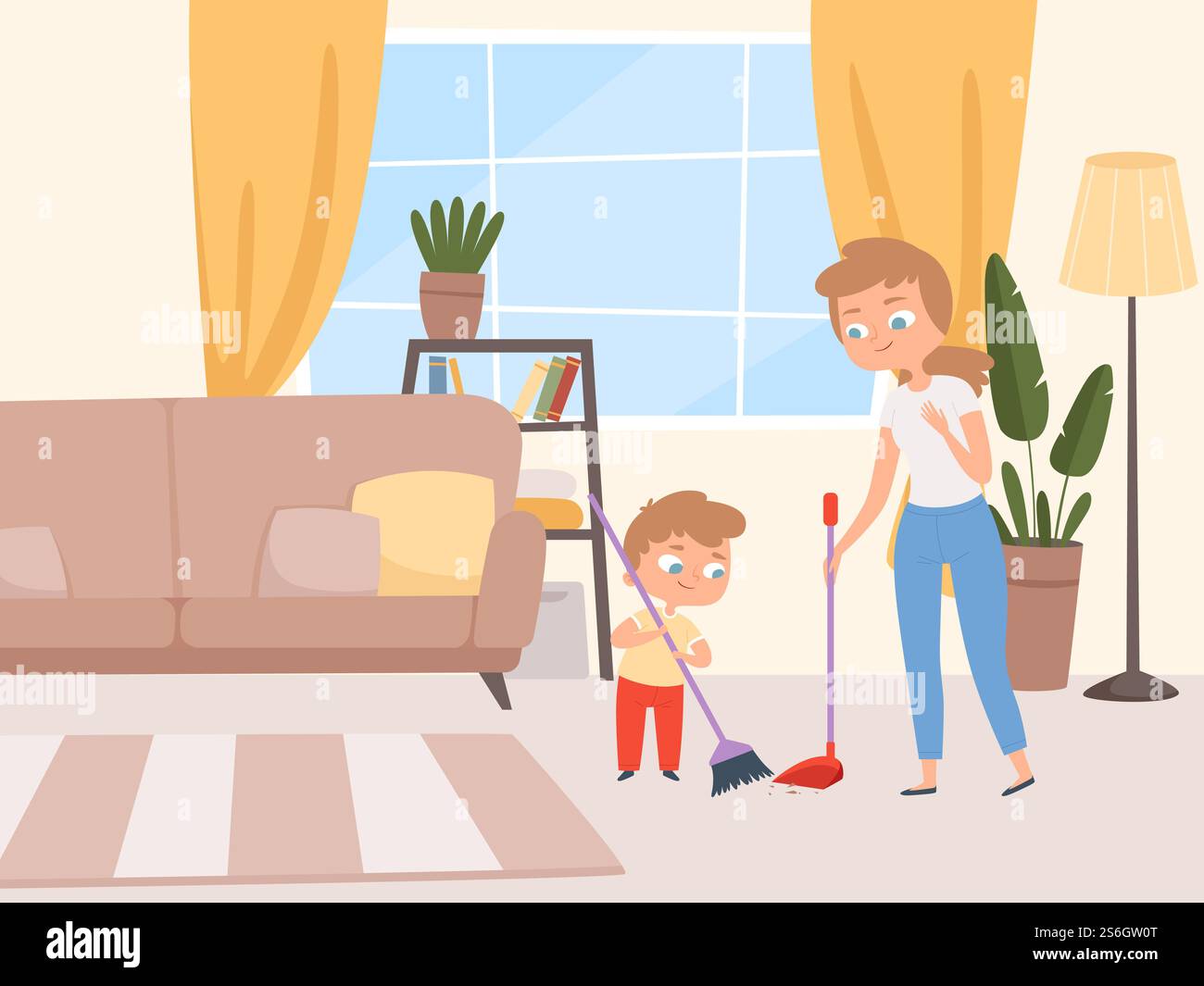 Housework children help. Kids washing living room with parents cleaning ...