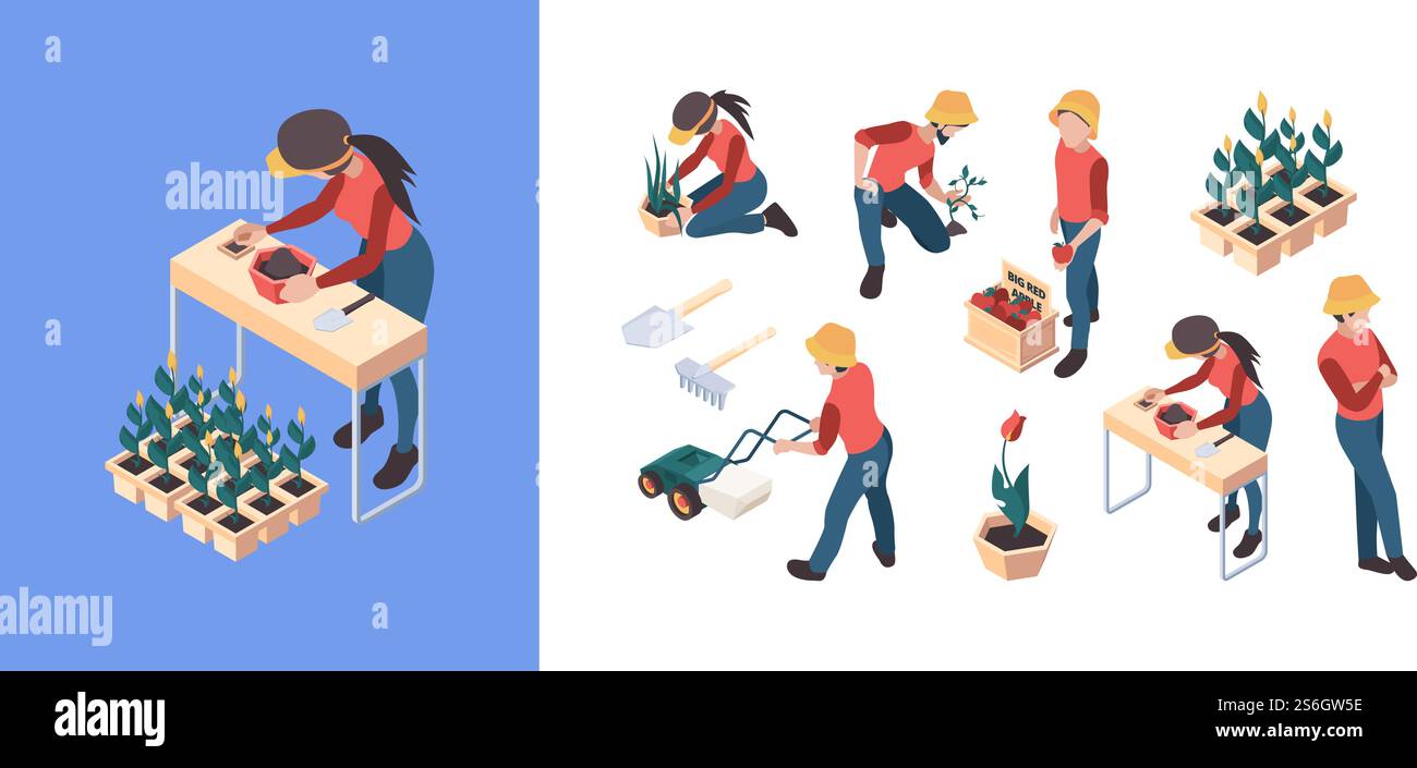 Agriculture isometric. Farmers and gardeners people gathering weeding ...