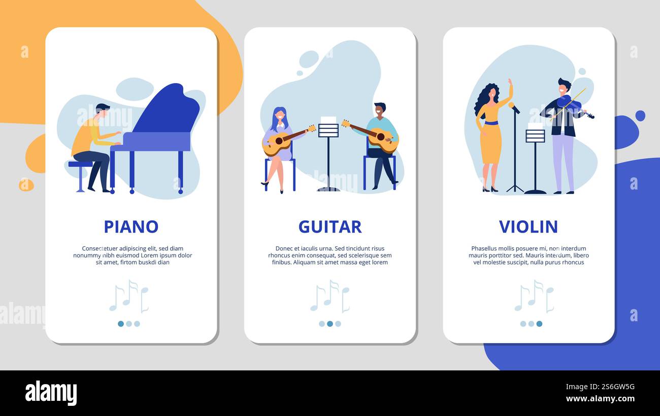 Music mobile app pages. Piano violin guitar vocal vector concept. Flat ...