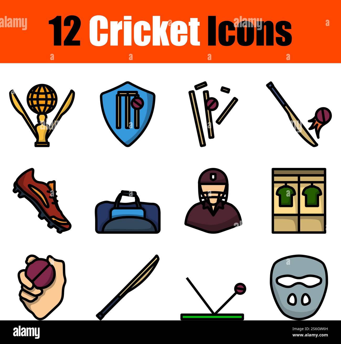 Cricket Icon Set. Editable Bold Outline With Color Fill Design. Vector ...