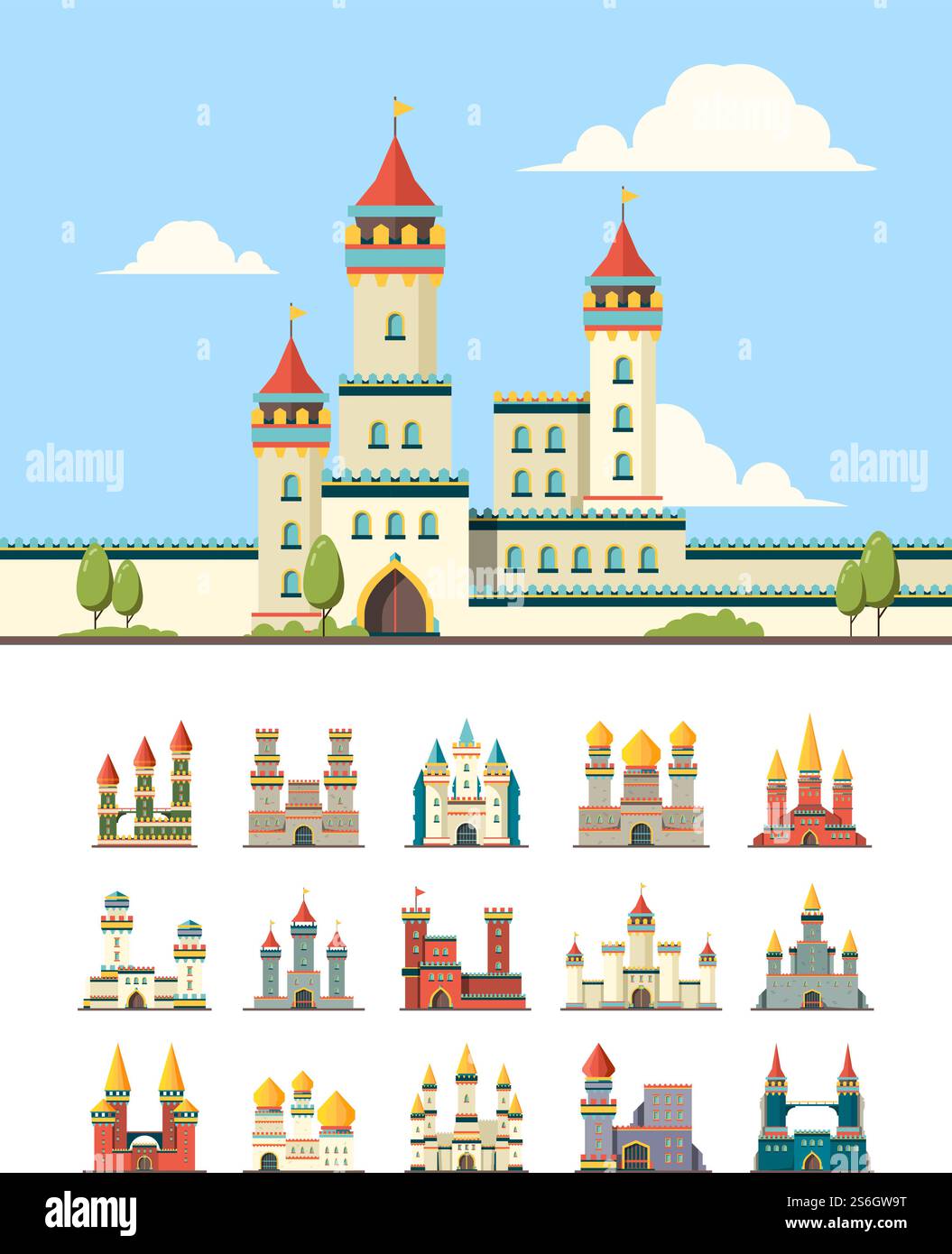 Medieval castles. Old palazzo building hill towers vector flat illustration. Castle building ...