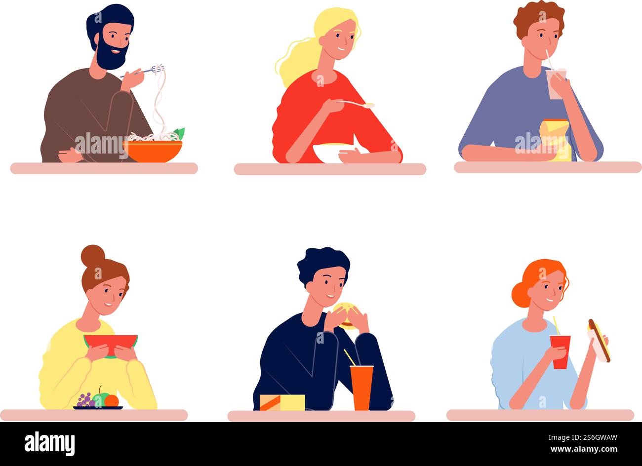 People eating. Hungry characters with different food vector person ...