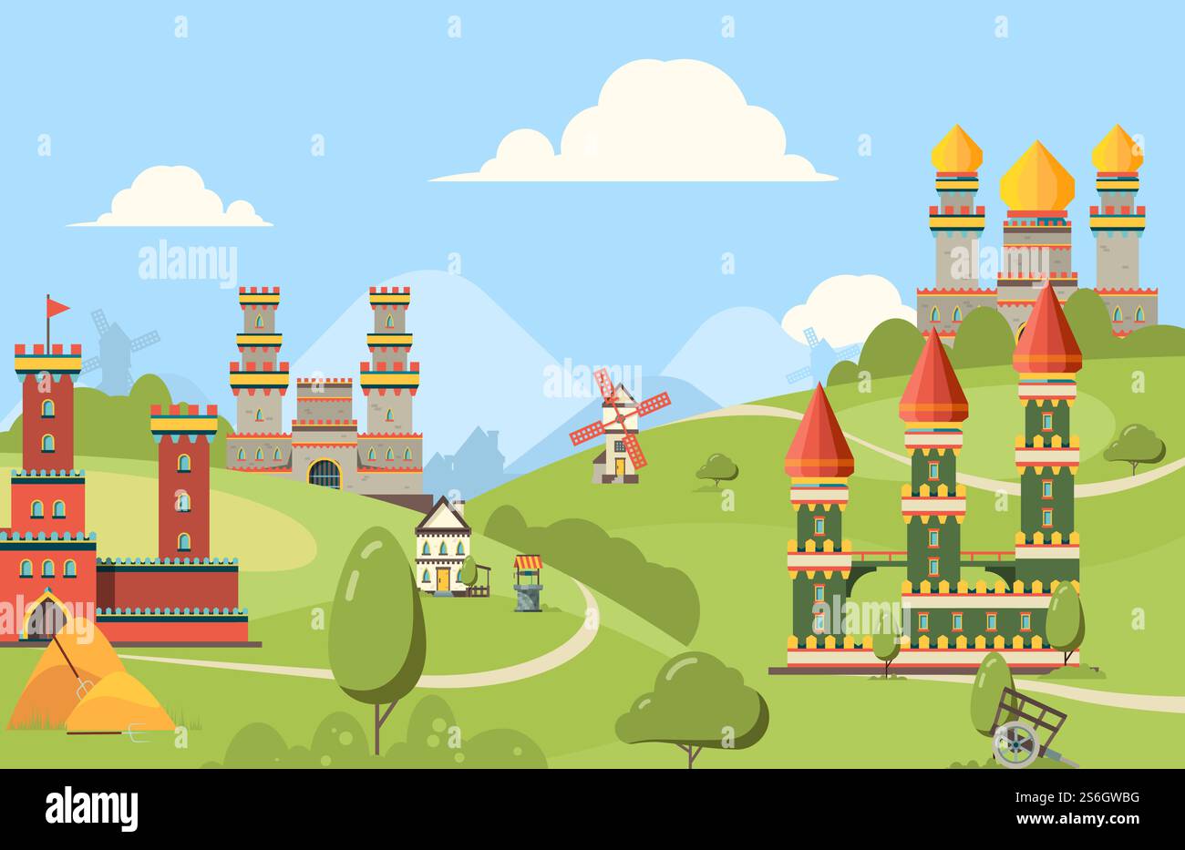 Medieval buildings. Horizontal background of kingdom castles buildings ...