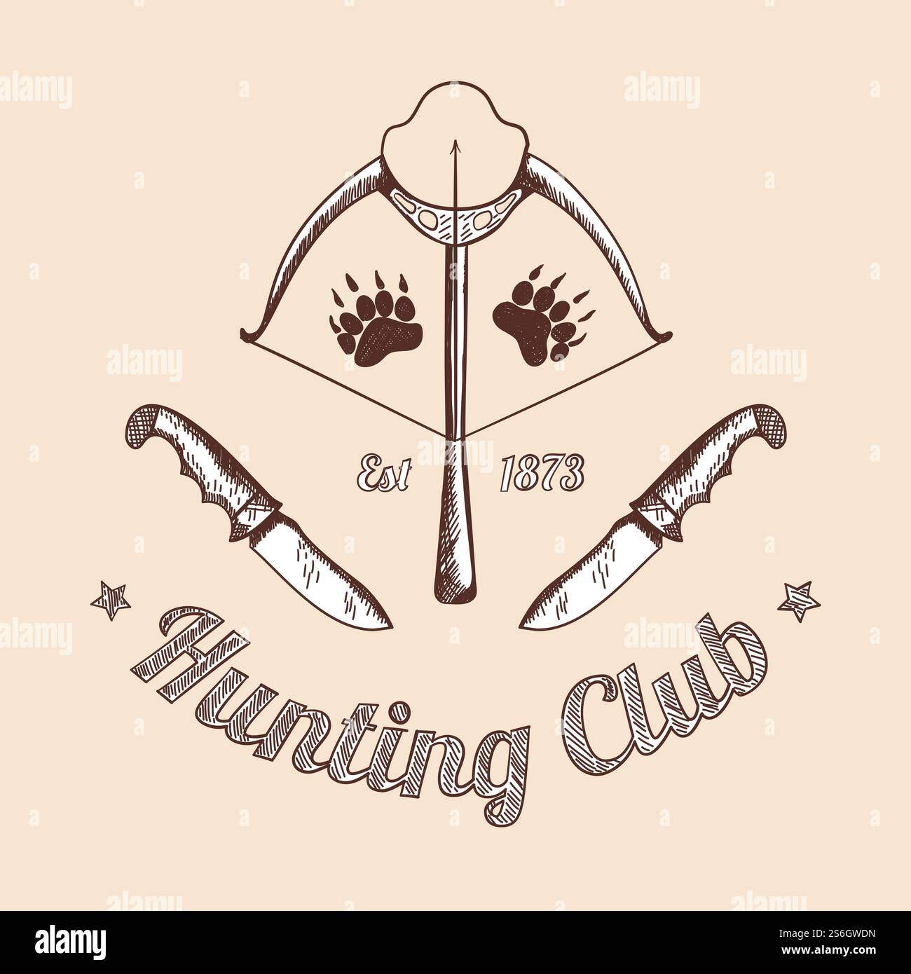 Hunting retro sketch design. Stretched bowstring of a crossbow with an ...