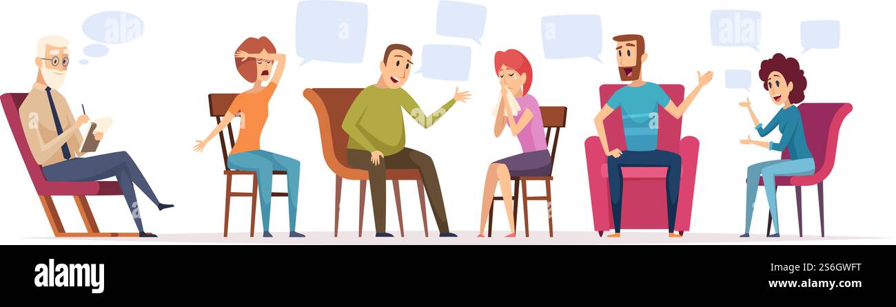 Group therapy. Crowd sitting dialogue with therapist emotional conversation patient with doctor ...
