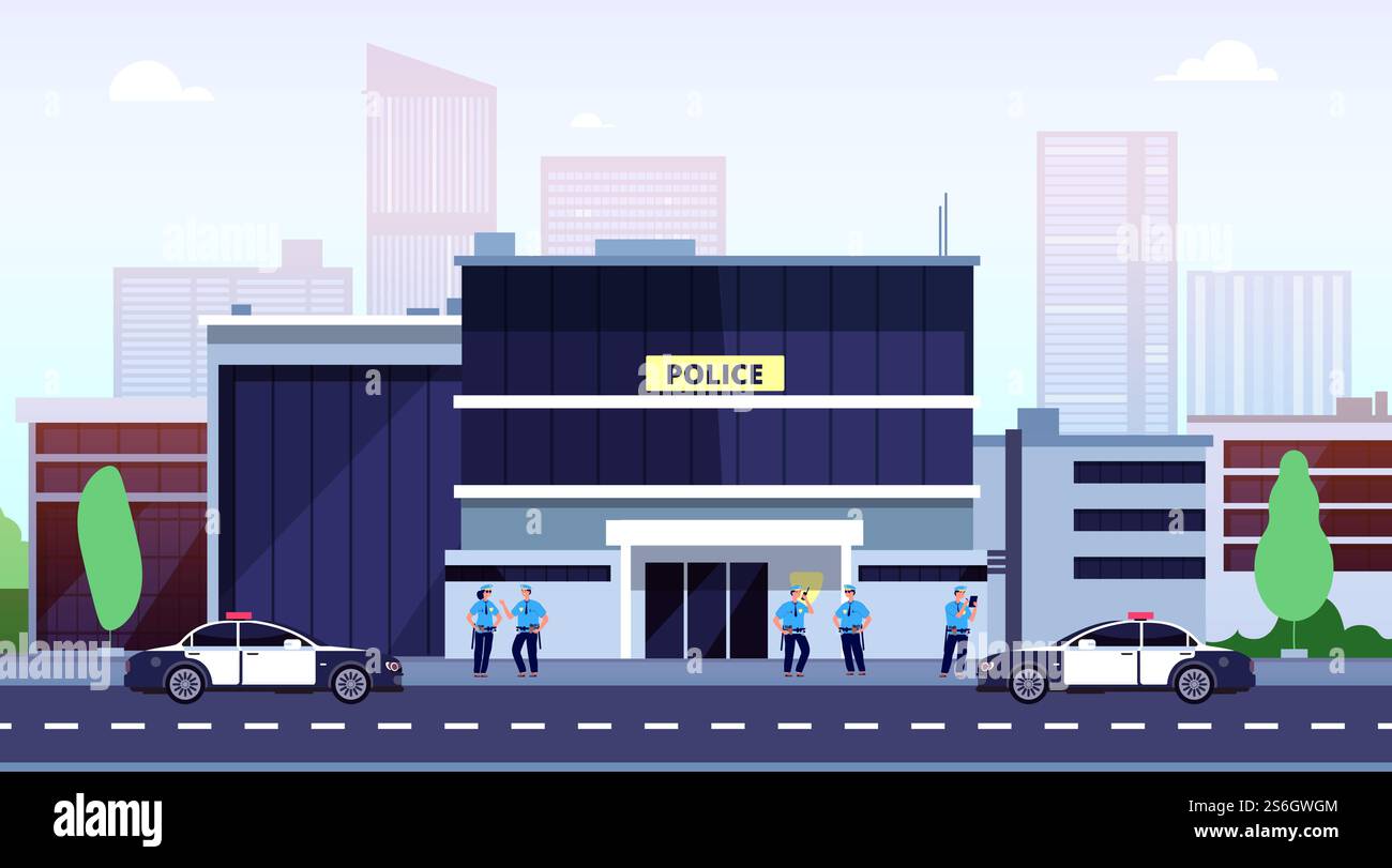 Police station. City police department building and cops. Policeman car ...