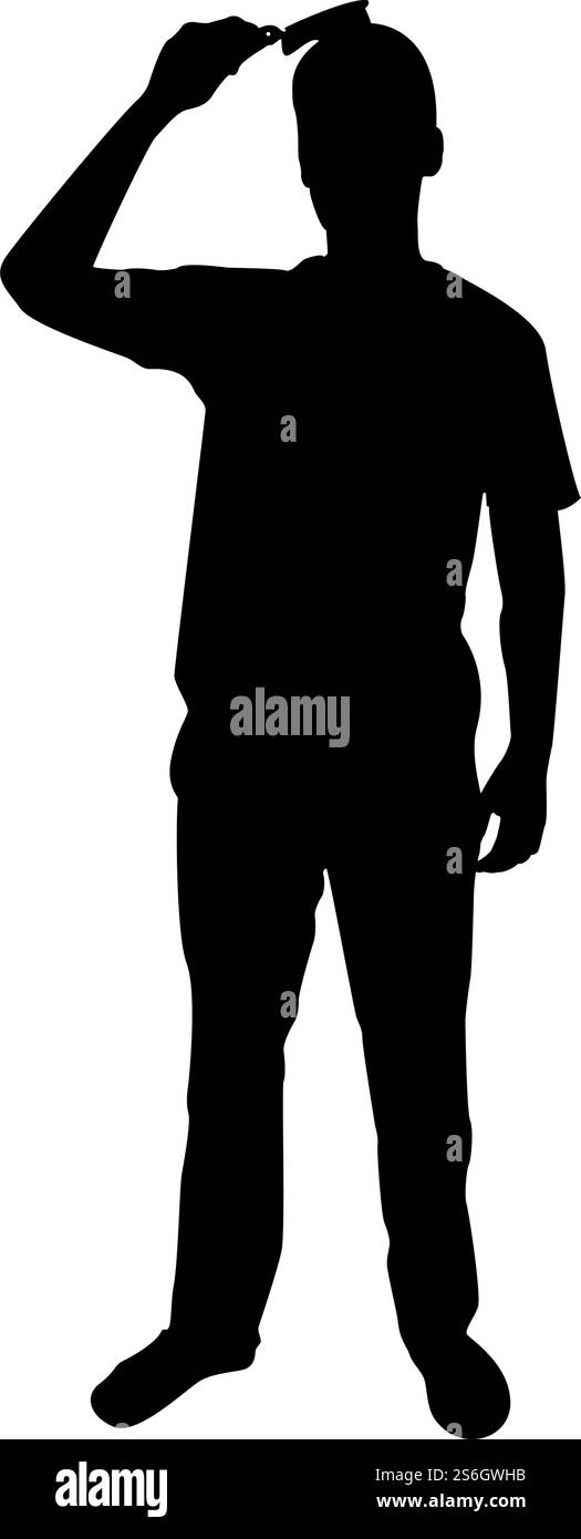 Silhouette man is combing hair use hairbrush front view black color ...