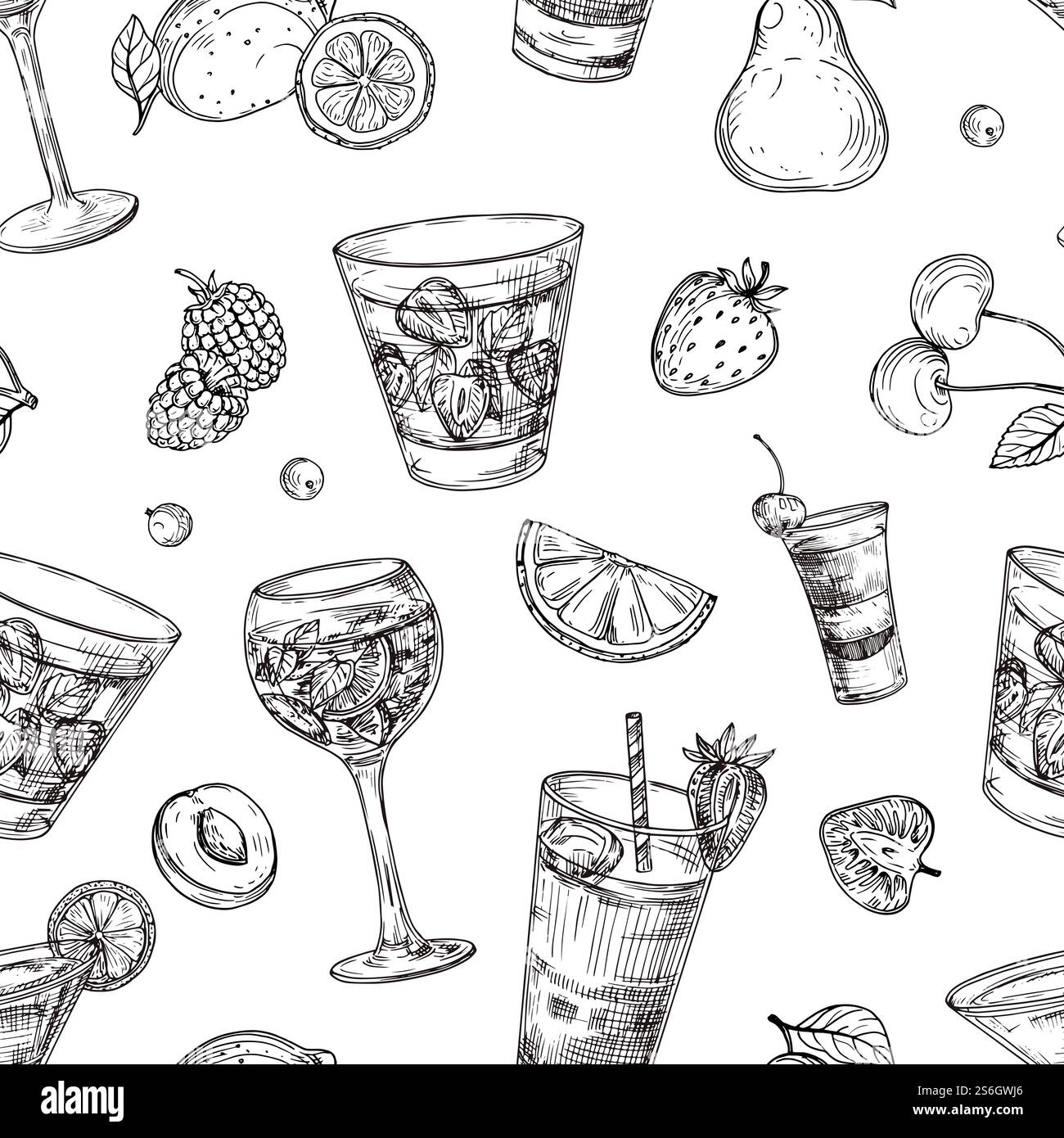 Cocktails pattern. Sketch drinks and fruits background. Hand drawn ...