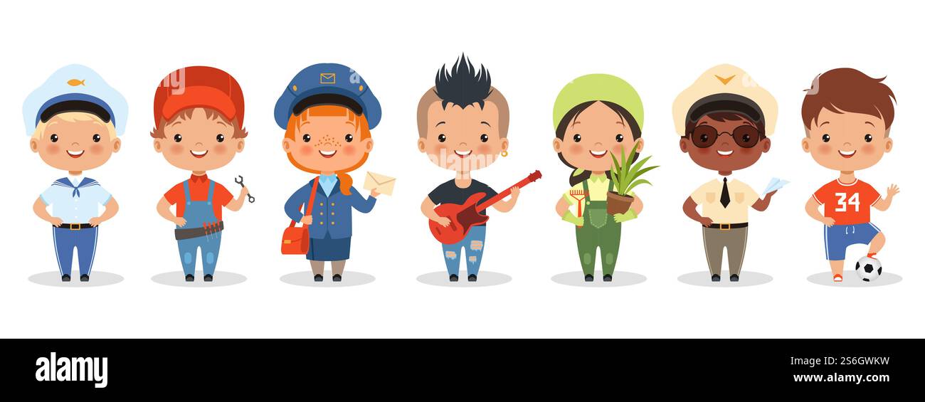Kids professions. Cartoon happy children different professions vector ...