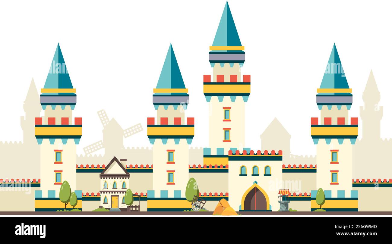 Castle with towers. Horizontal brick wall from castle with big wooden ...