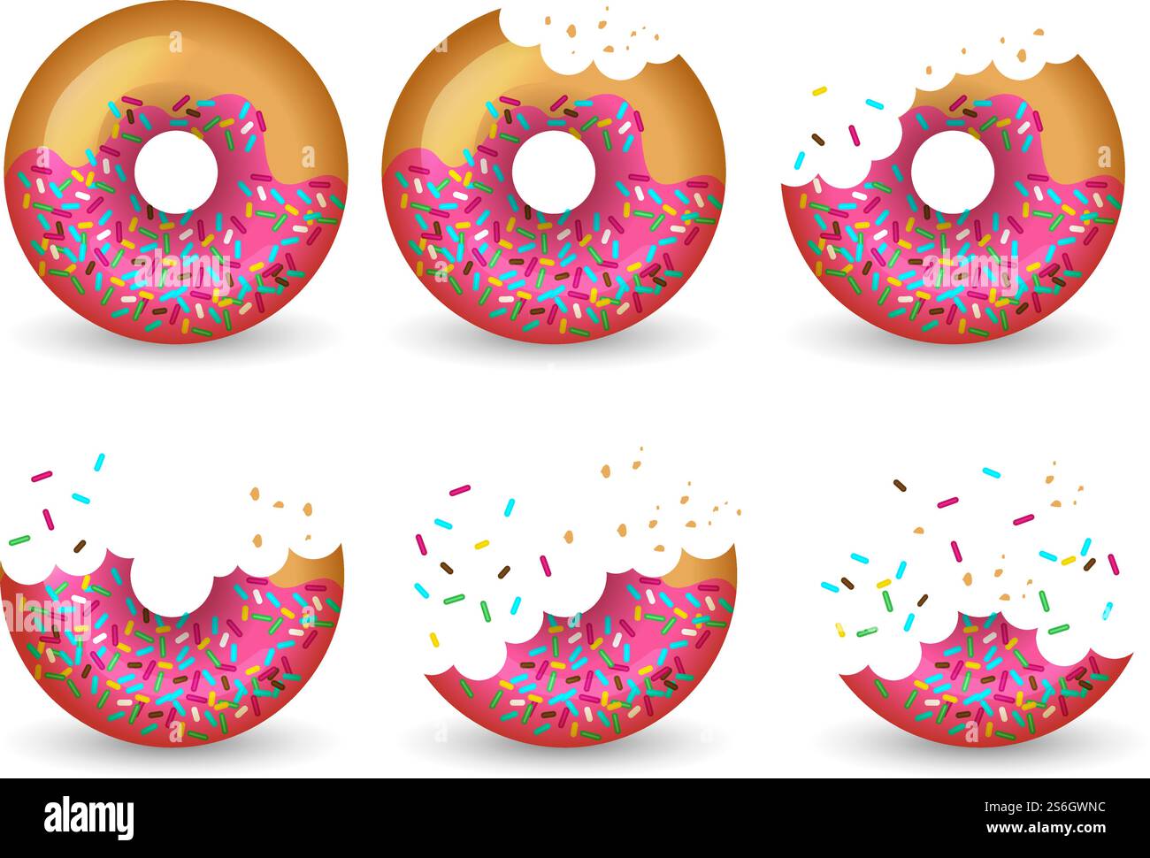 Eating donut. Delicious glazed tasty cake half vector animation stages ...