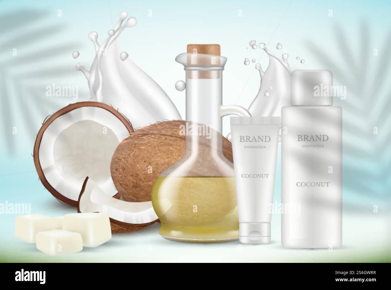 Coconut cosmetics. Oil, cream tubes and palm leaves. Plants overlay ...