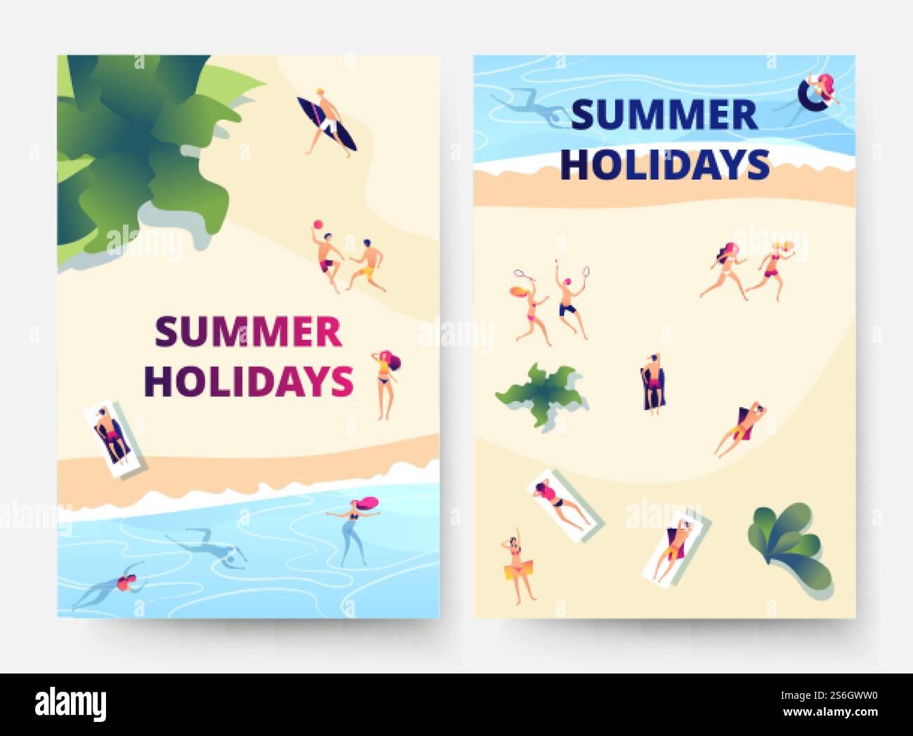 Summer holidays flyers. Beach vacation, serfing and swimming. People ...