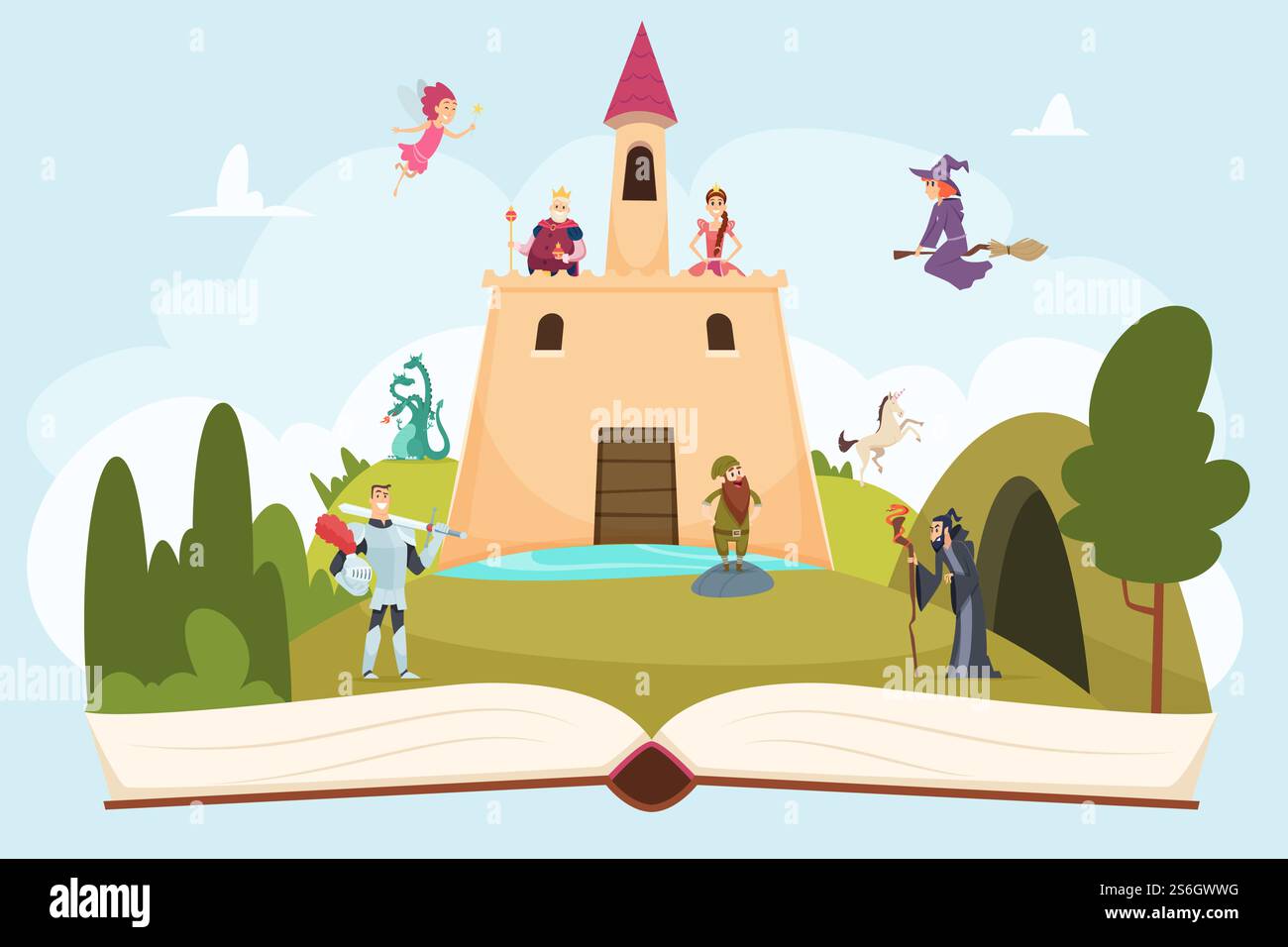 Open fairy tale book. Fantasy background with funny mascot princess ...