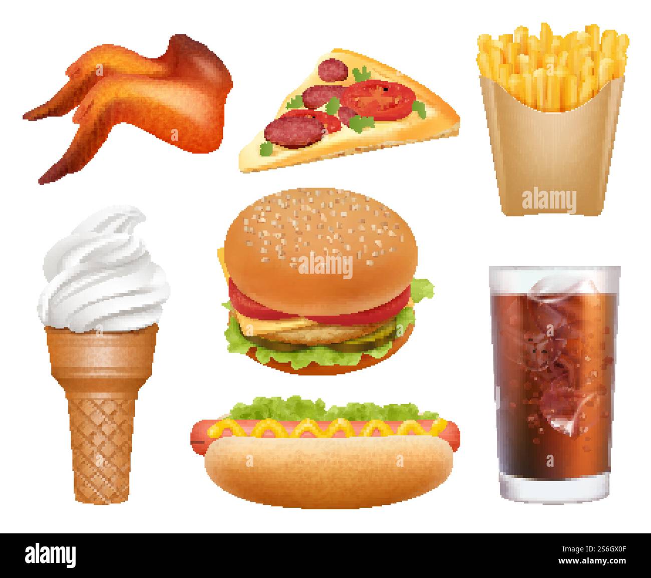 Fast food realistic. Lunch pizza chicken hamburger hot dog drinks ...