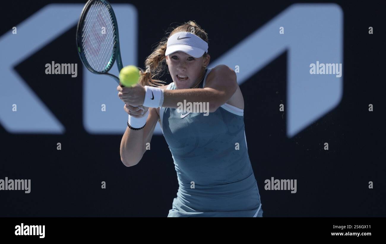 Mirra Andreeva of Russia plays a backhand return to Magdalena Frech of ...