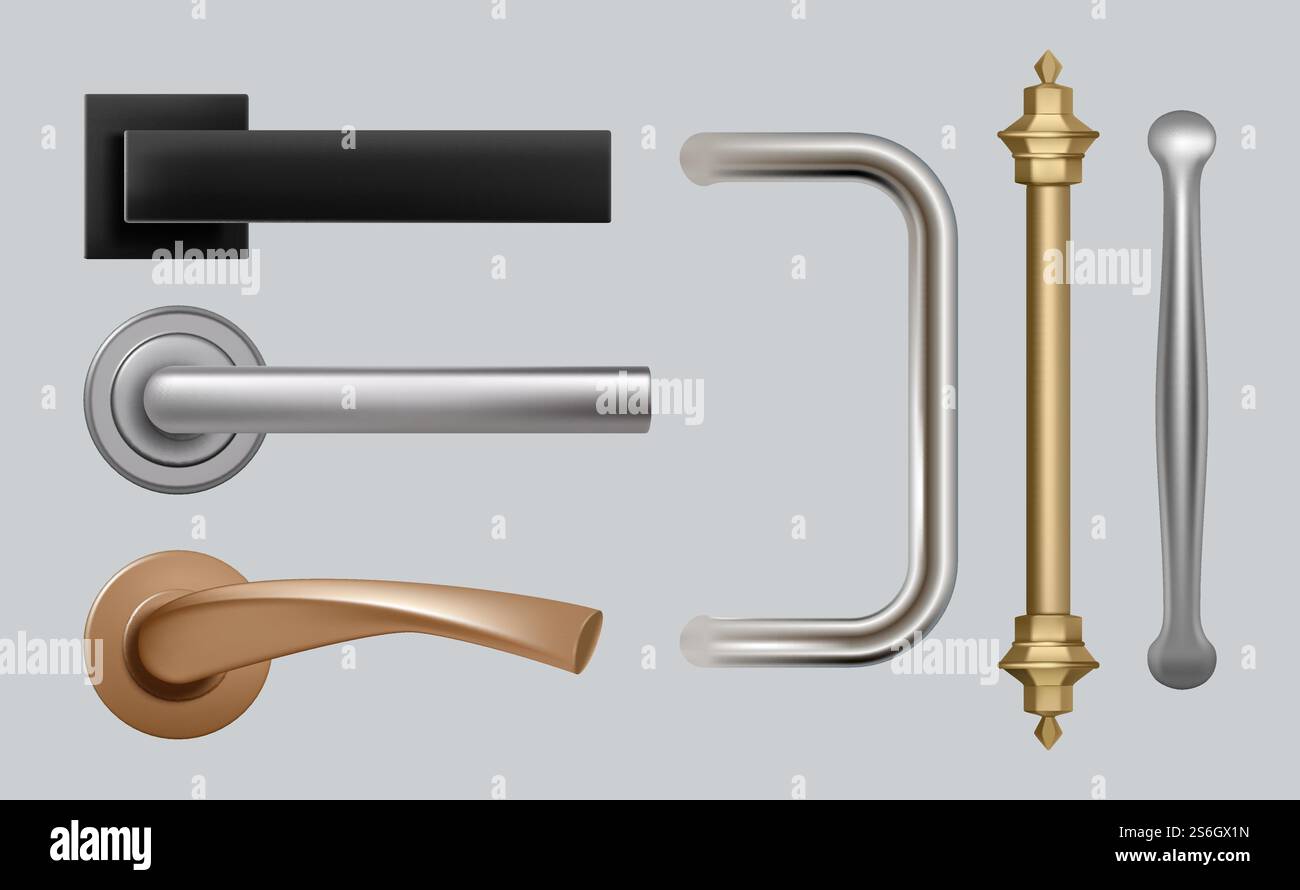 Doors handles. Modern detailed high quality vector pictures steel metal handles for furniture ...