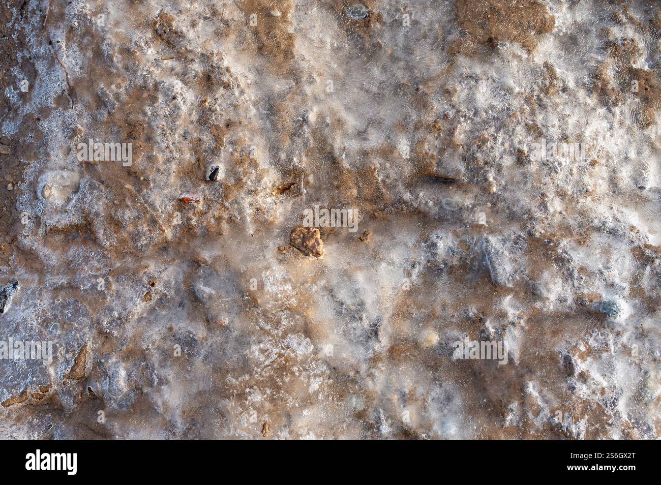 Melting ice opens ground, resources and minerals concept. Top shot ...