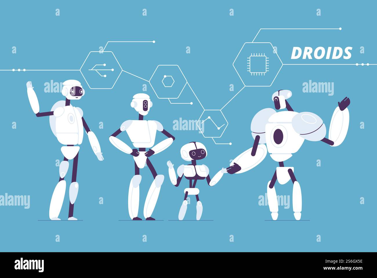 Robot group. Various androids models standing together crowd of futuristic cyborgs vector ...
