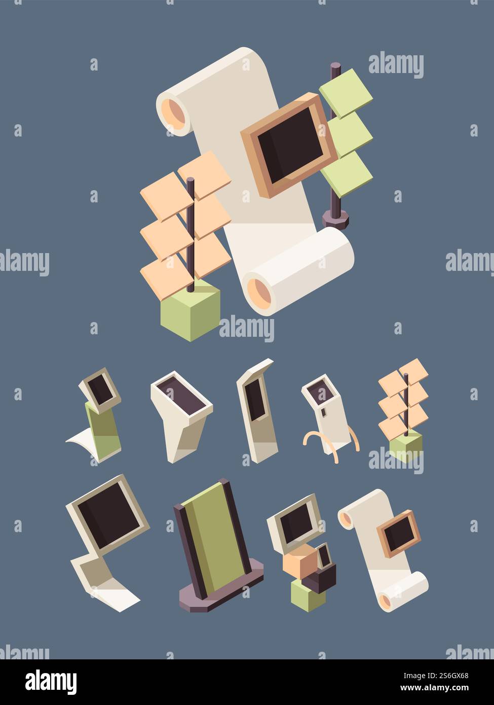 Exhibition shelves. Advertising stands desks for open space market ...