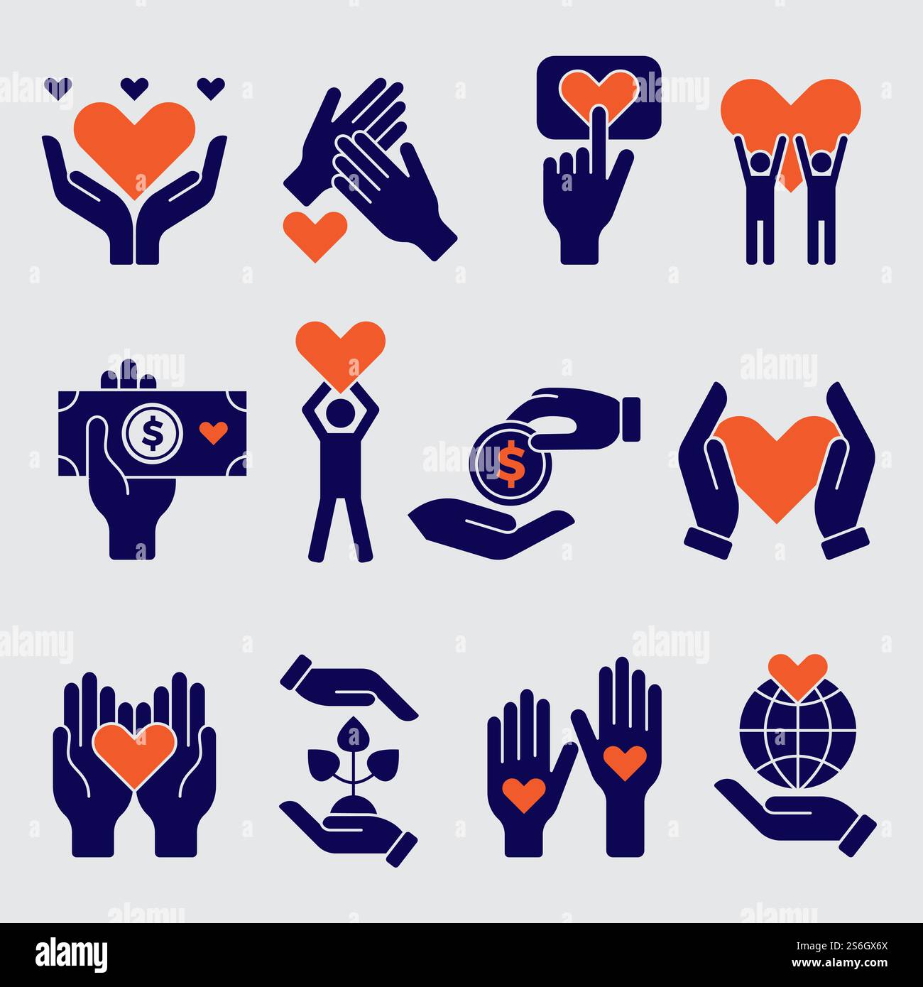 Volunteers icon. Hands hearts donation charity natural symbols of goods ...