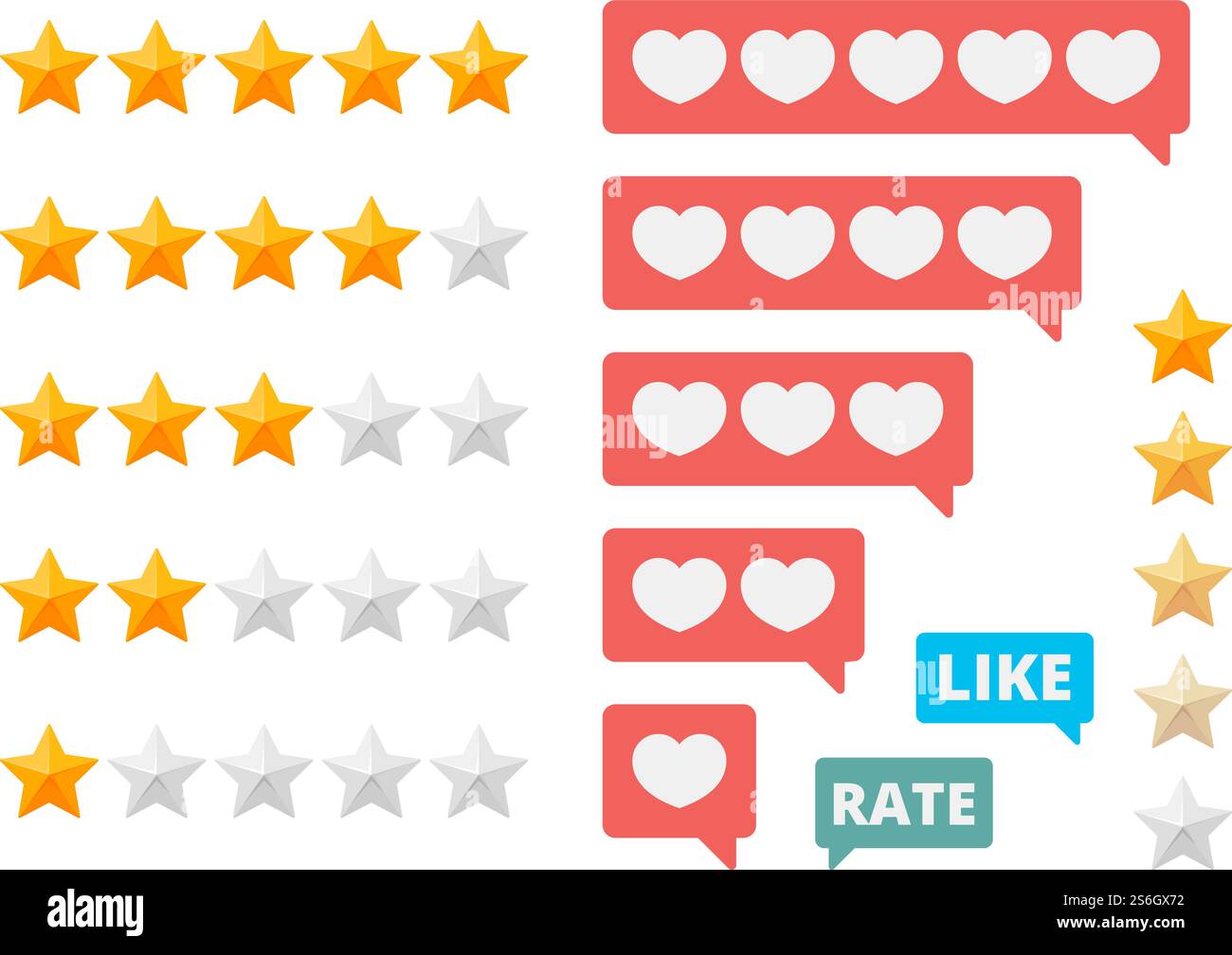 Rating stars. Social assessment scores likes hearts vector symbols ...