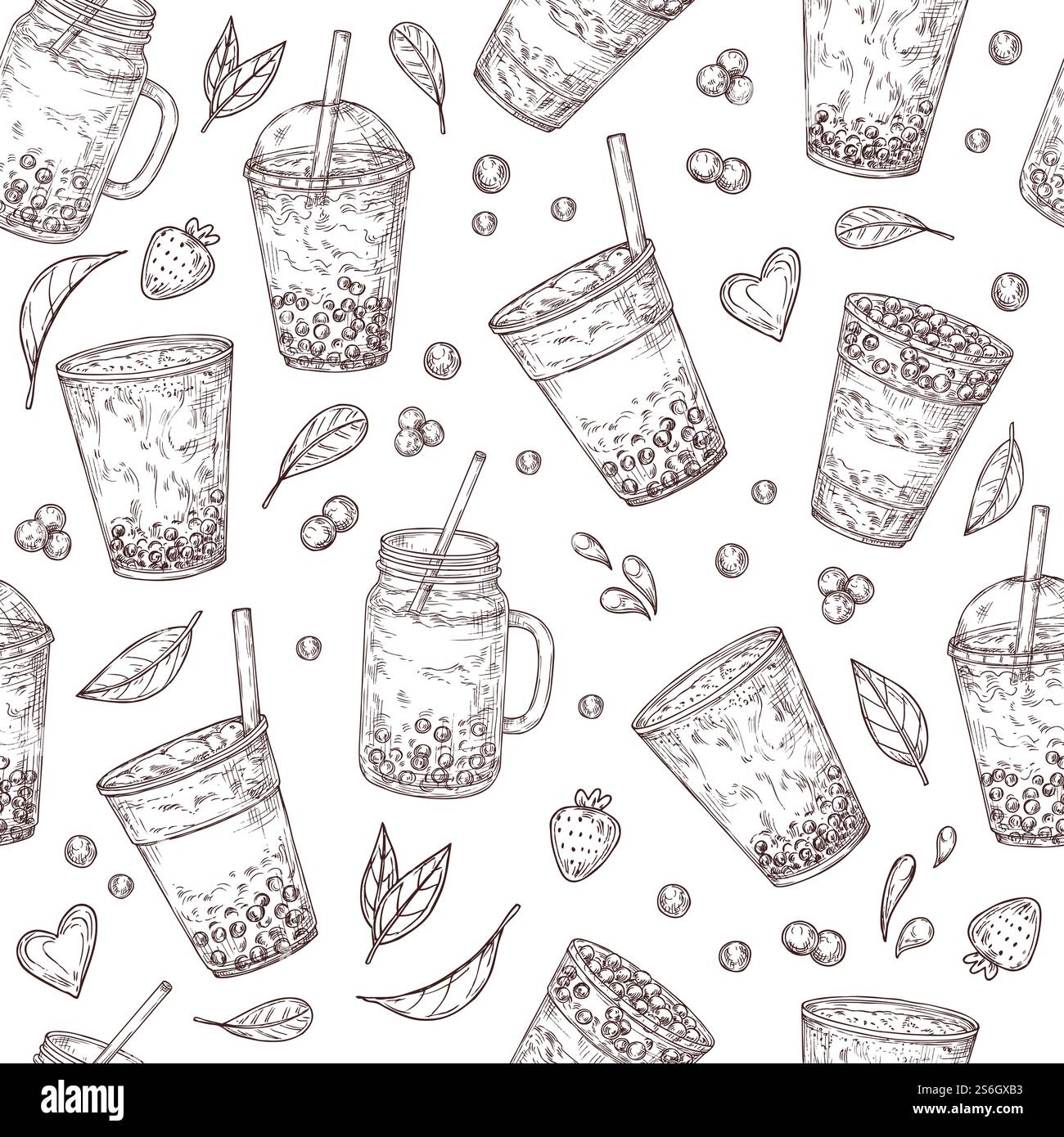 Boba tea pattern. Asian drinks background, bubble milk shake. Fresh ...