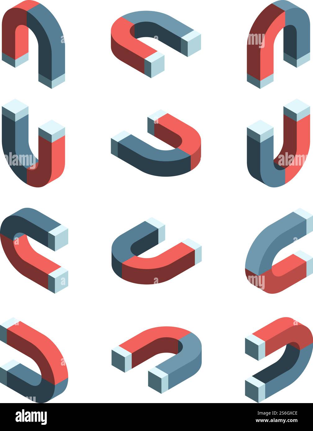 Magnet isometric. Iron items with magnetism connection symbols vector ...