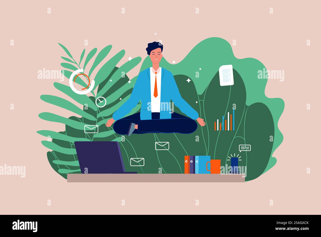 Work meditation. Stressful businessman, yoga character. Manager sitting ...