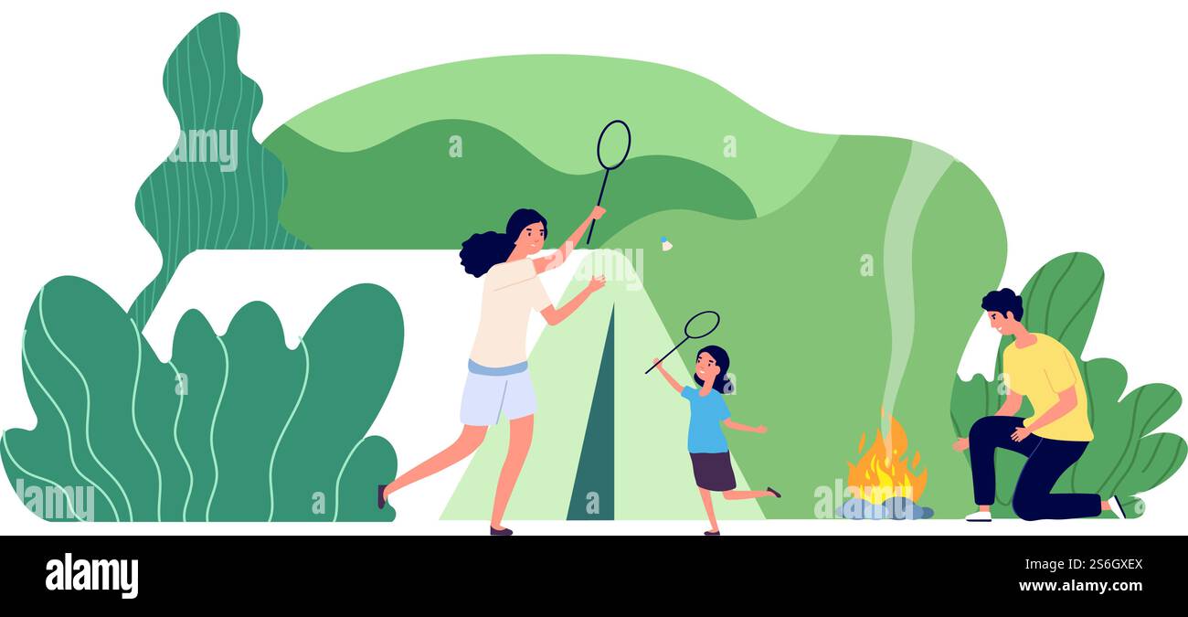 Family camping. Forest recreation, mountain outdoor camp. Summertime ...