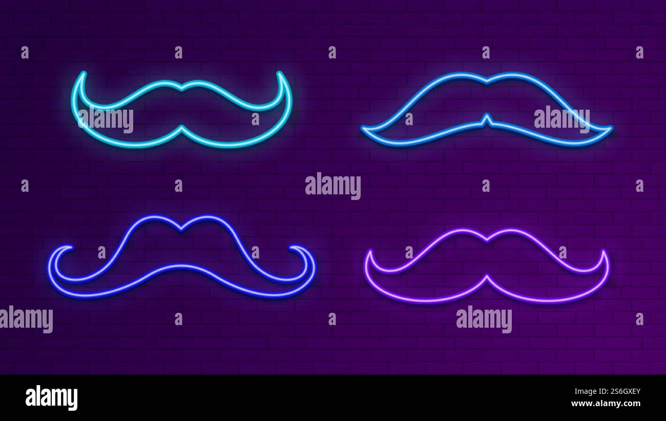 Neon bright signboards. Blue light mustache. Glow male symbol for bar ...