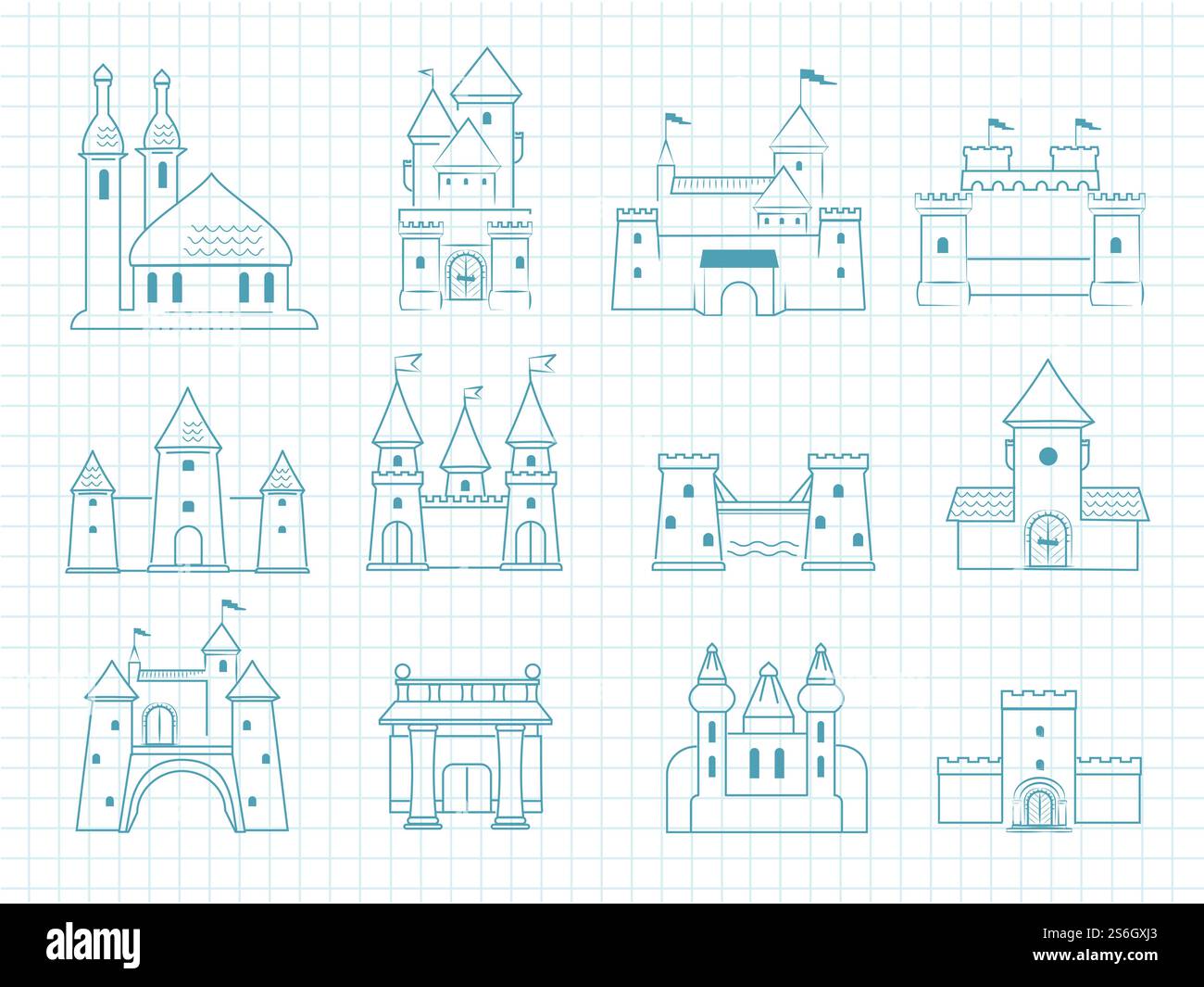 Drawn castles. Gothic medieval royal architectural objects with towers ...