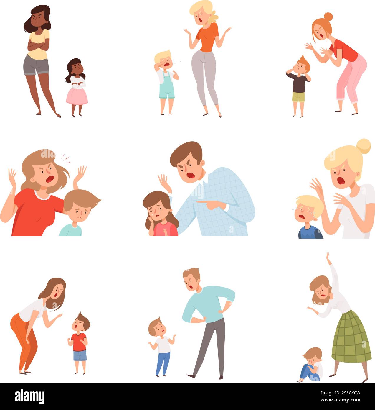 Sad parents. Angry dad punish son scared kids expression reaction crying childrens vector ...