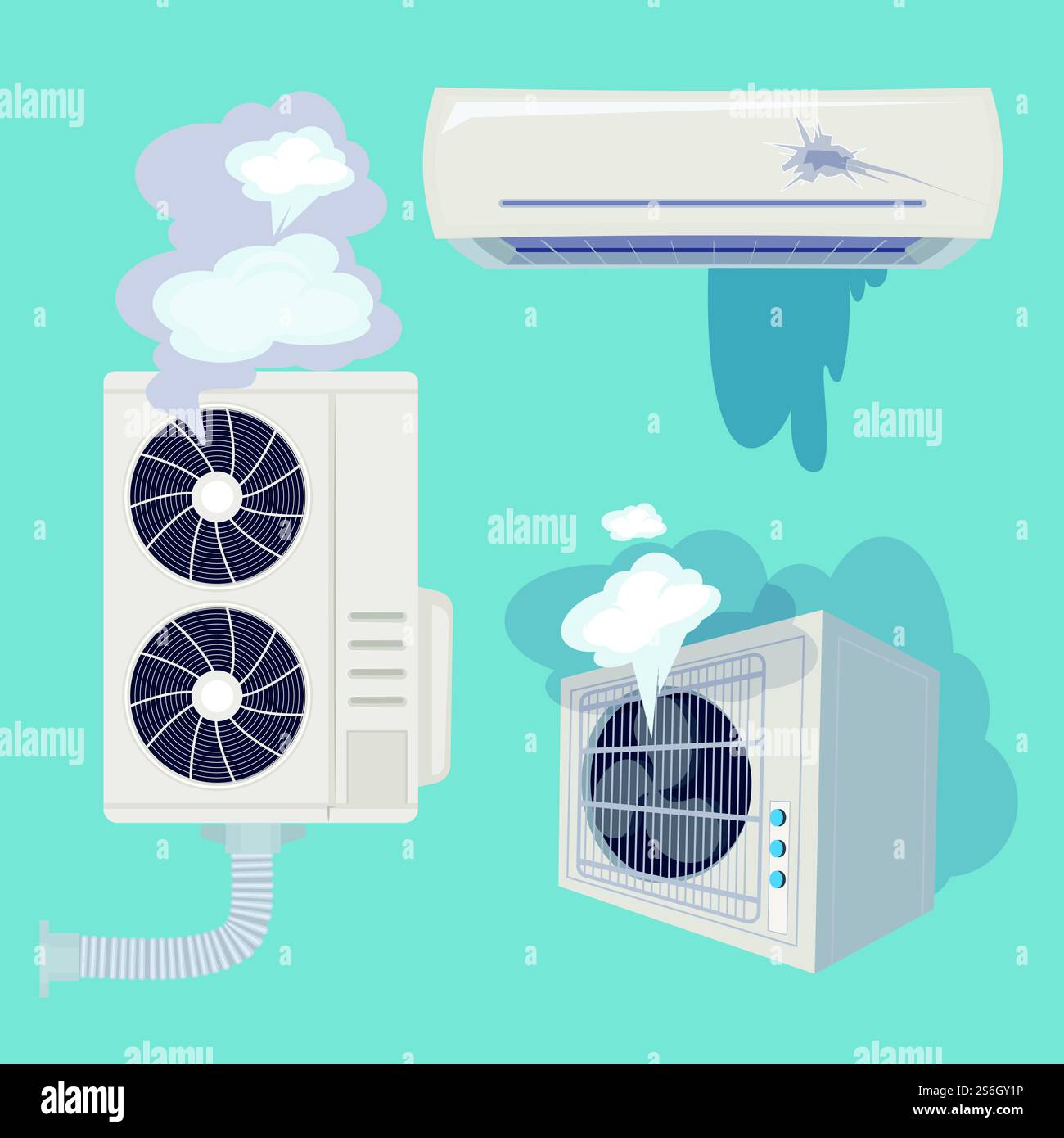 Damaged conditioner. Broken home air systems wind ventilation efficient ...