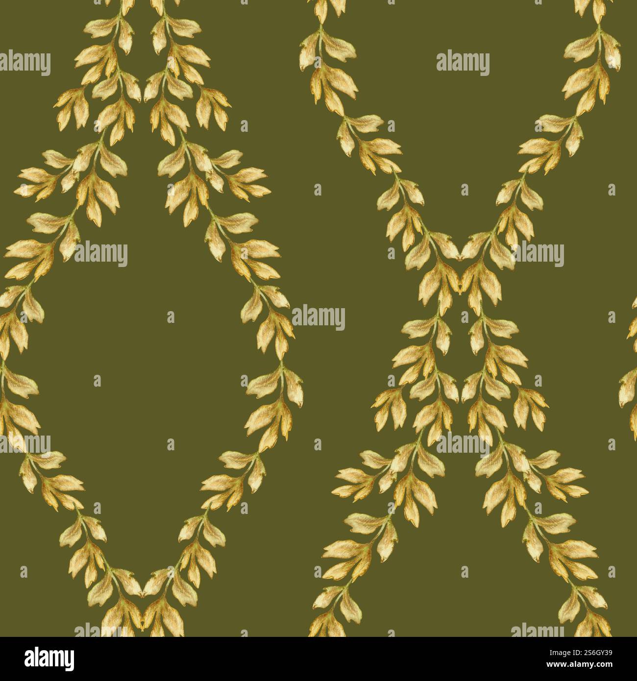 Rhomboid branches seamless pattern on green background. Hand drawn ...