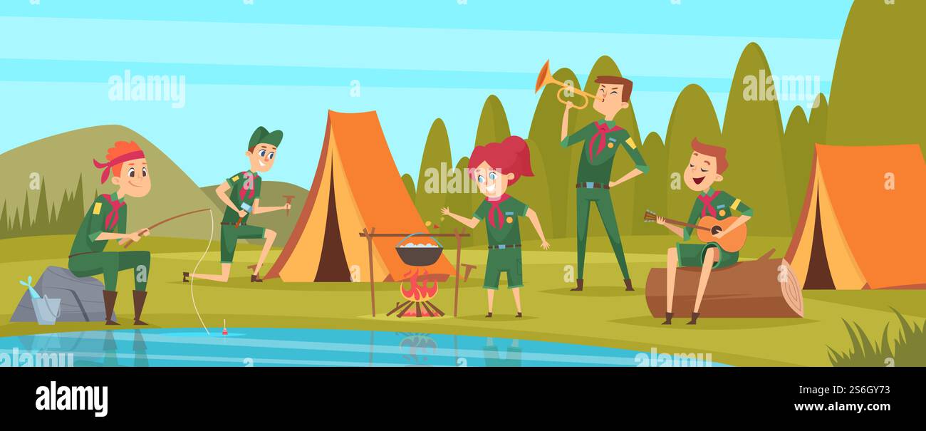 Outdoor scouts. Teacher studying little rangers survive in wild tree ...