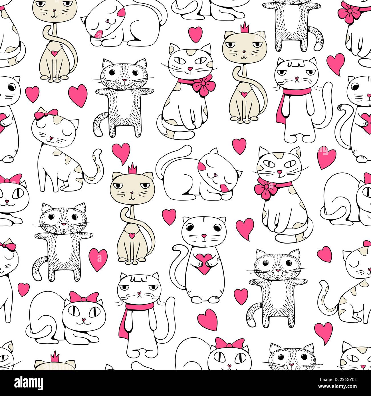 Cute cats seamless. Funny pets doodle pattern for kids textile design ...