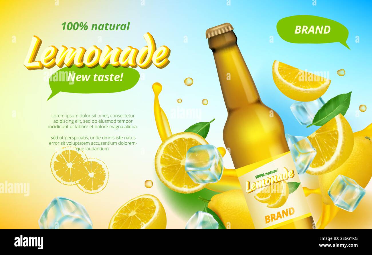 Lemone ads. Yellow flowing juice splashes and half of healthy fruits ...