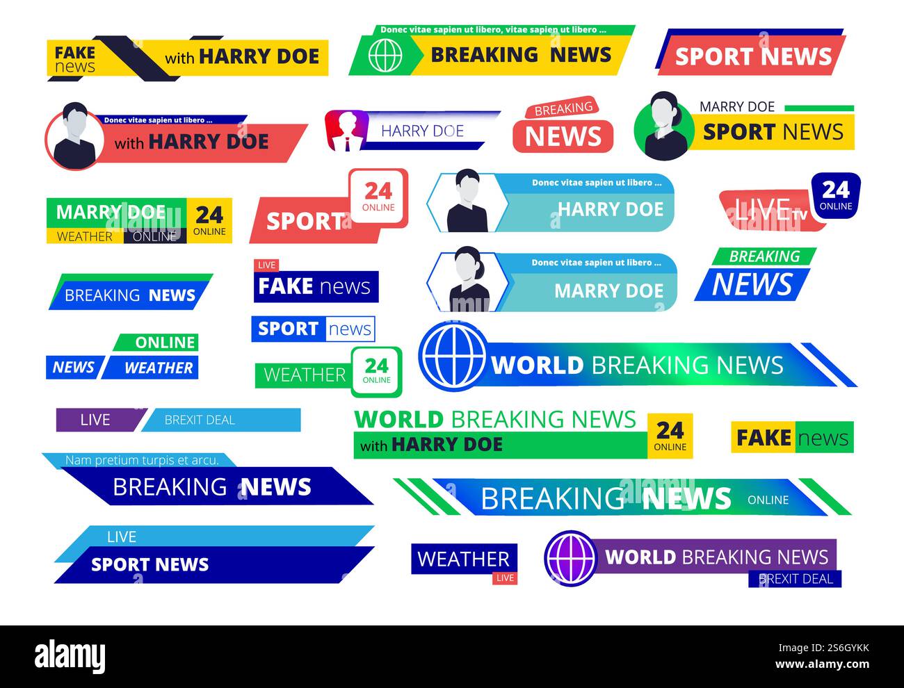 Breaking news banners. Broadcasting television interface labels user ...