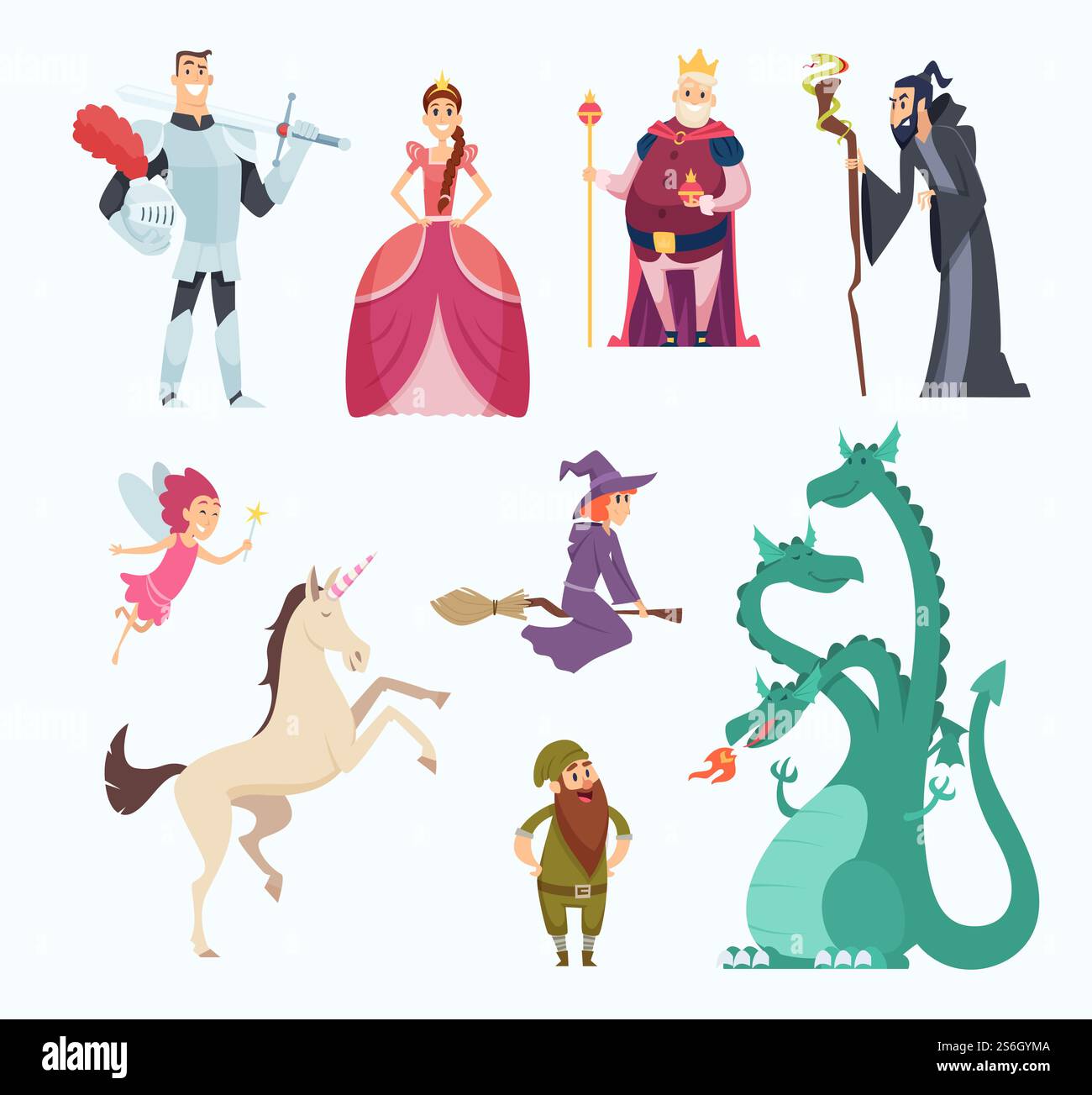 Fairy tales heroes. Witch wizard princess dragon funny characters in ...