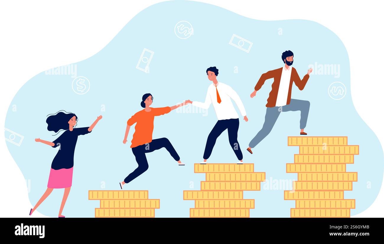 Revenue growth. People climb on coins. Mutual assistance in business ...