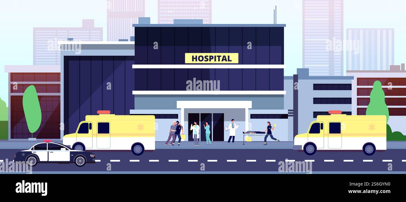 Doctors at work. Hospital building, paramedics and emergency cars ...