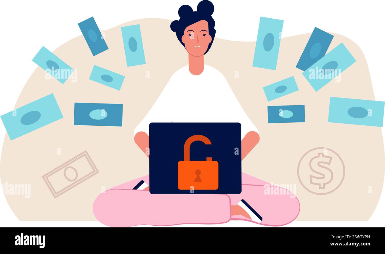 Hacker attack. Cute young girl hack bank online. Bad money safety ...