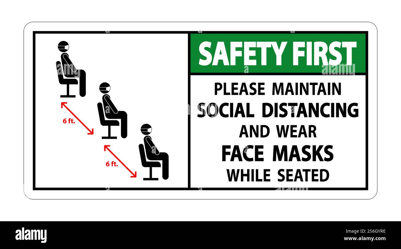 Safety First Maintain Social Distancing Wear Face Masks Sign on white ...