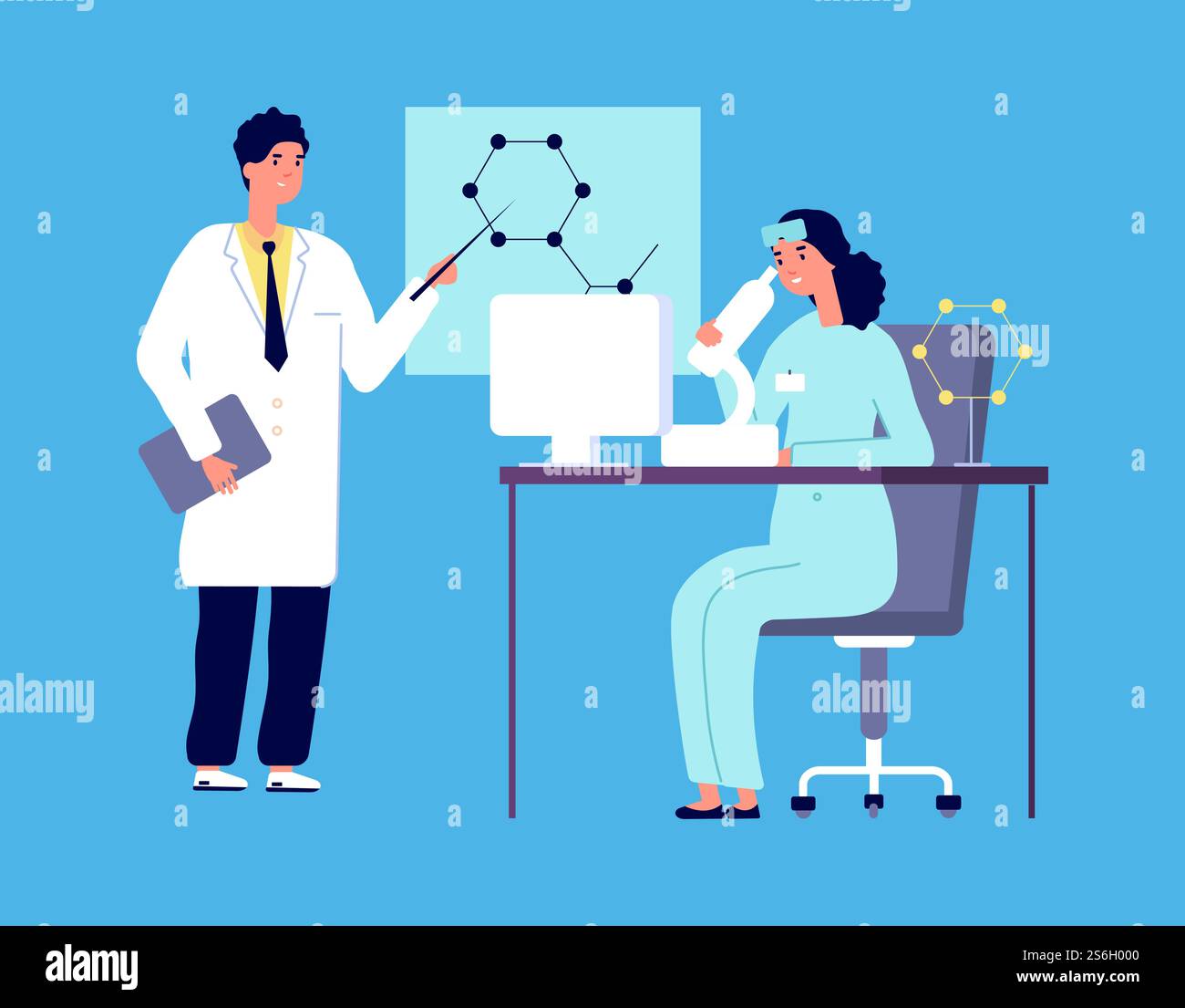 Scientists characters. People in white lab coat, chemical researcher ...