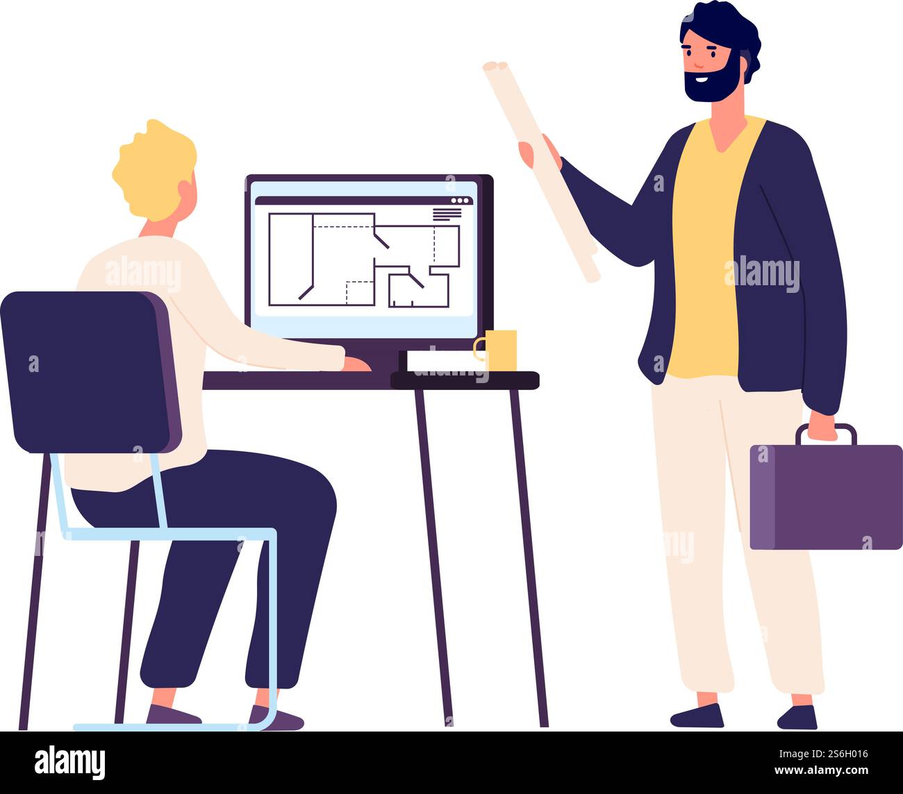 Designer and customer. Flat man with project, architect work with ...