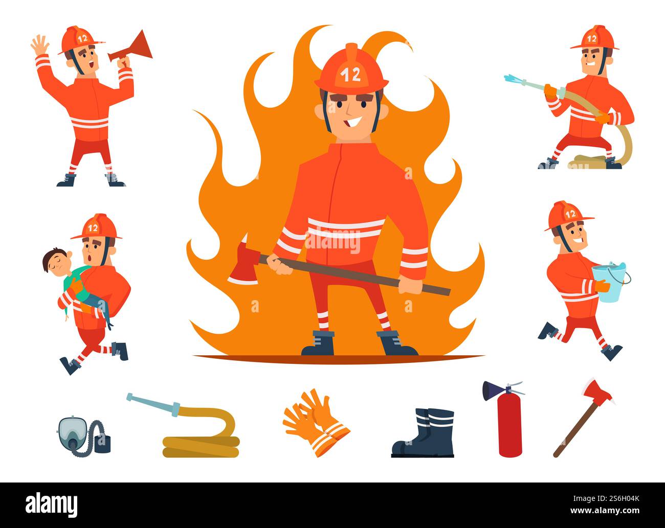 Firemen and equipments. Fireman profession working. Cartoon tools ...